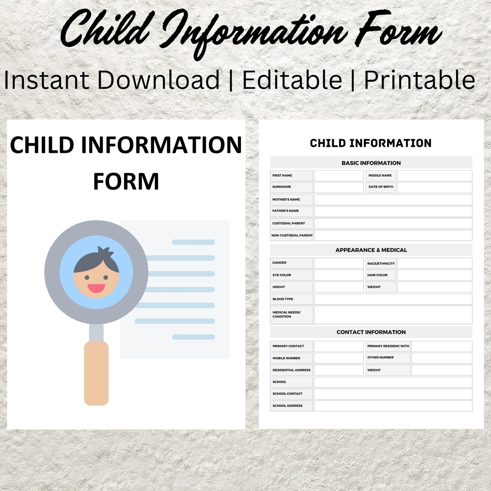 Printable Child Information Sheet Template Planner Daycare All About Me Childcare Information ...