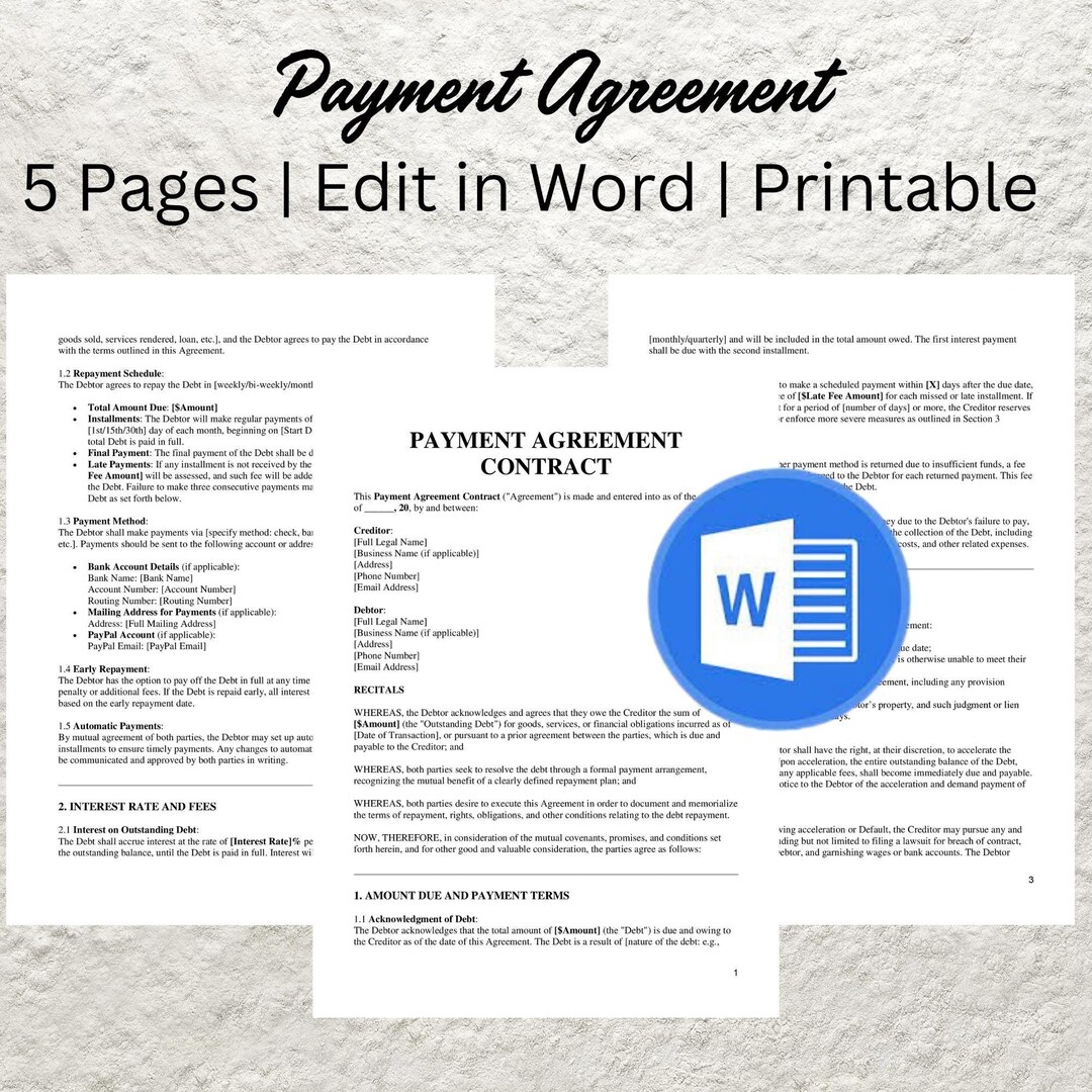 Payment Contract Template Editable Payment Agreement Contract Printable ...