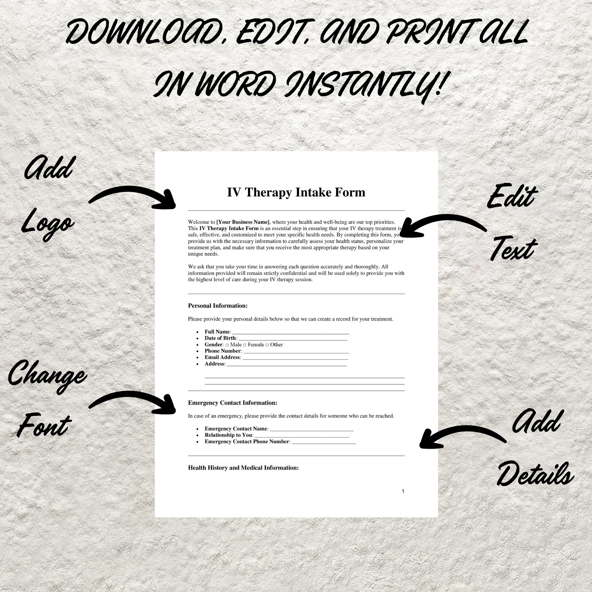 IV Therapy Forms Template Bundle: Editable Intake & Consent Forms ...