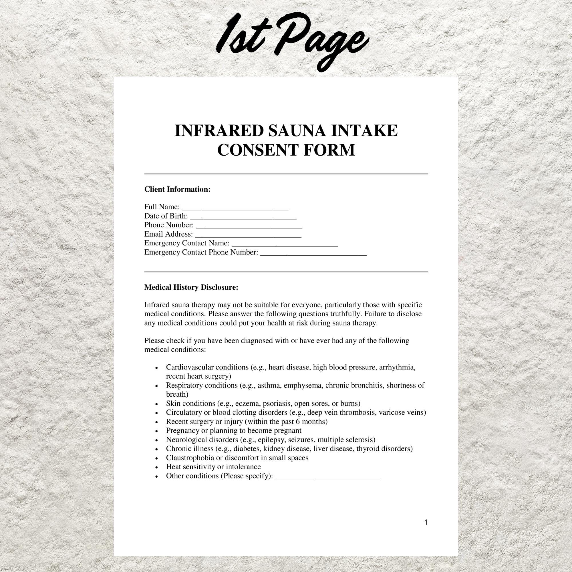 Infrared Sauna Consent Form Template: Editable Client Intake (printable ...