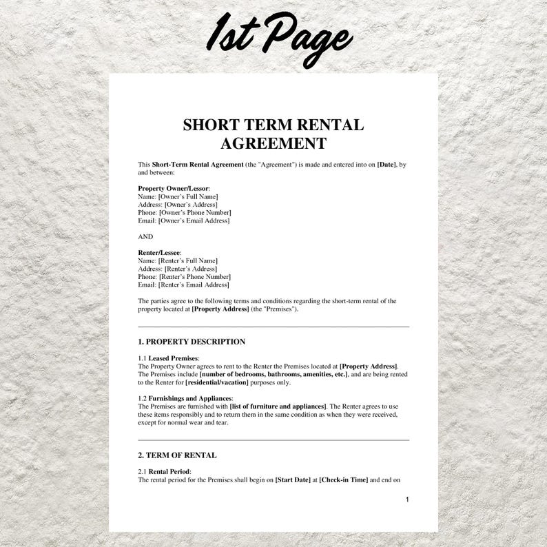 Editable Short Term Rental Agreement Template (printable) - Etsy