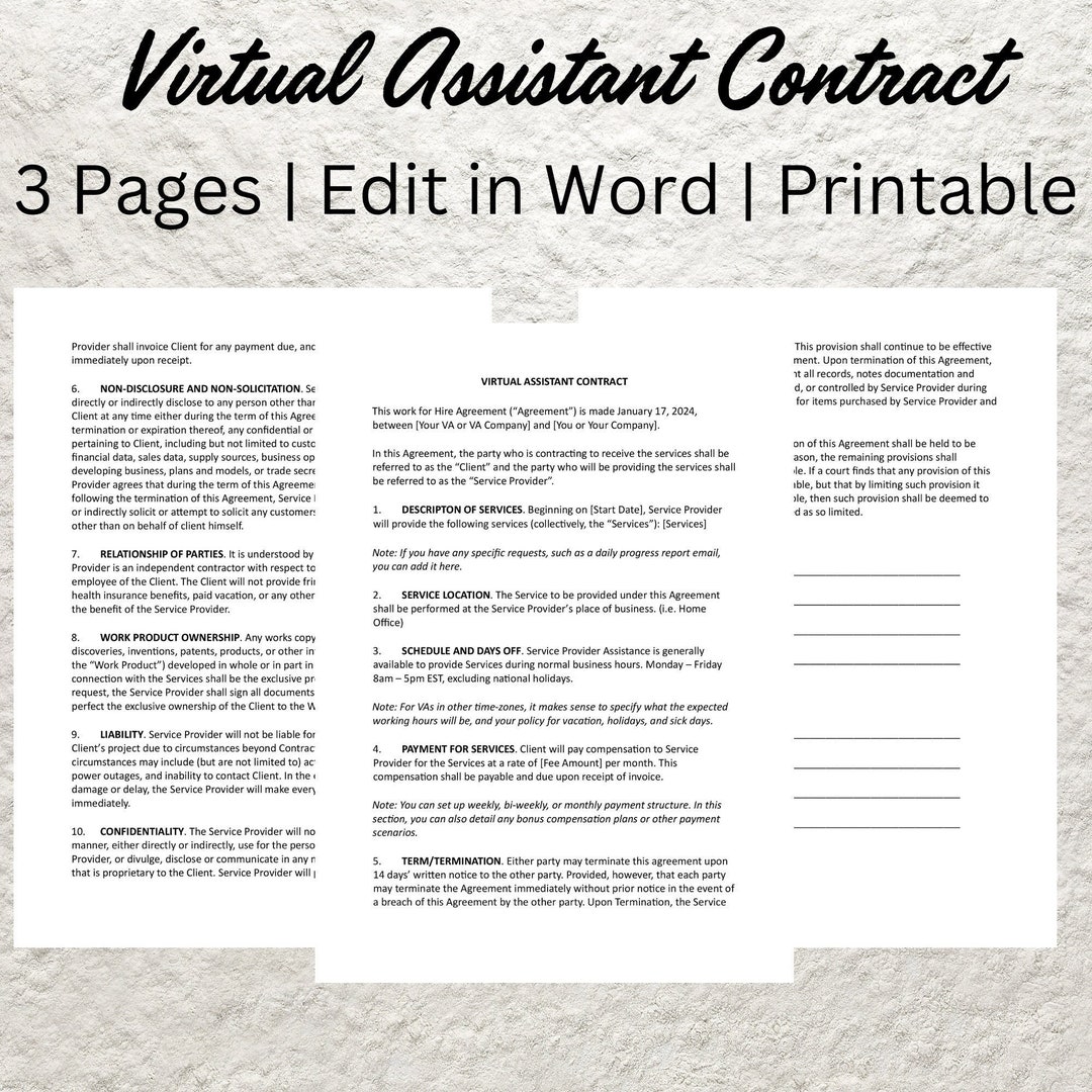 Editable Virtual Assistant Contract Template: Printable Service ...