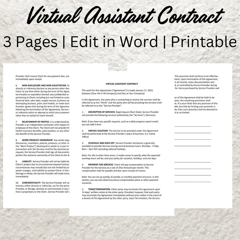 Editable Virtual Assistant Contract Template: Printable Service ...