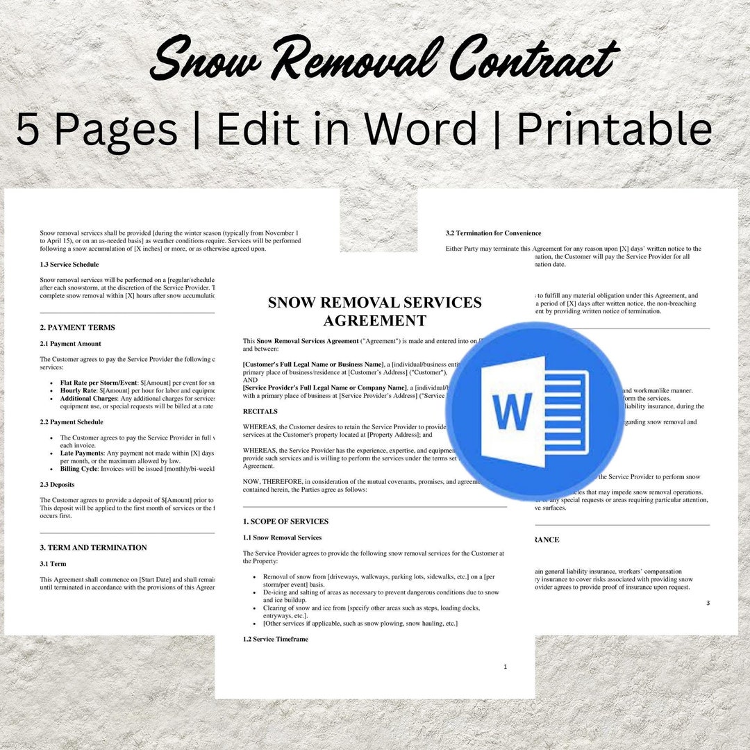 Snow Removal Contract Template: Editable Service Agreement (word ...