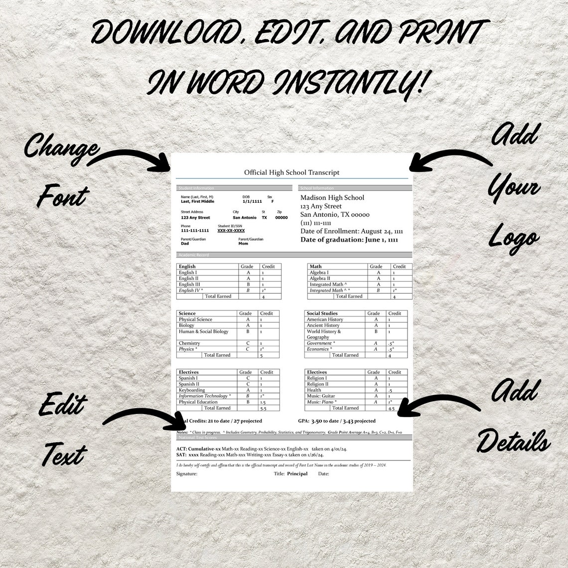 Fillable Printable Highschool Transcript Template Editable Homeschool ...