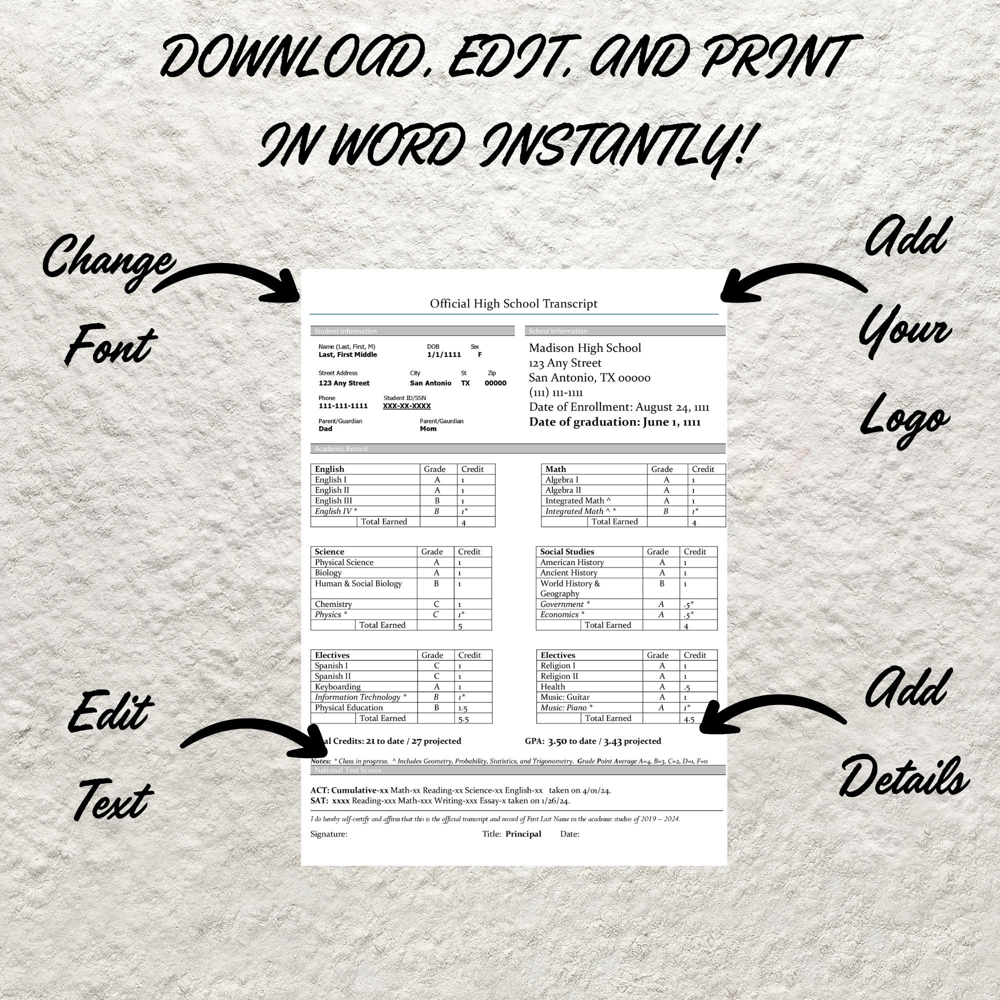 Fillable Printable Highschool Transcript Template Editable Homeschool ...
