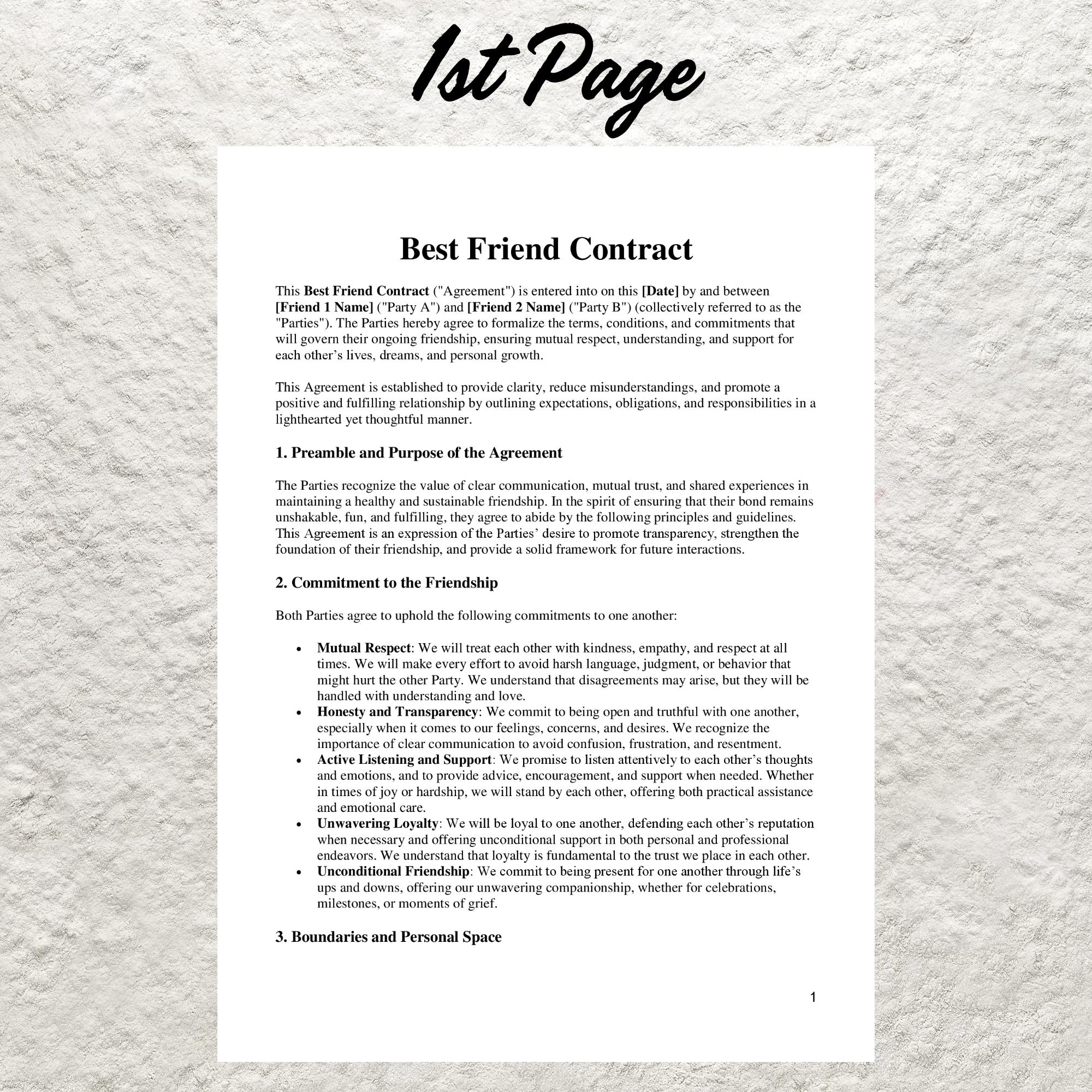 Best Friend Contract Template Editable Friendship Agreement Printable ...