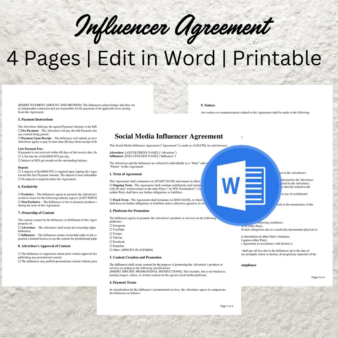 Editable Influencer Agreement Template: Social Media Contract ...