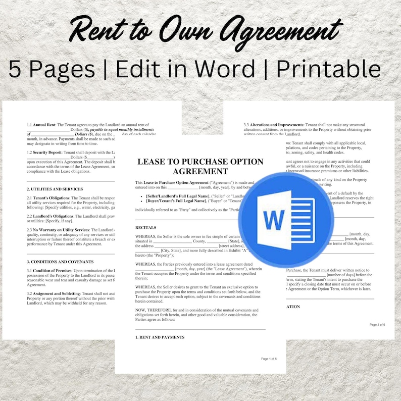 Lease to Purchase Agreement Template: Editable Rent-to-own Contract ...