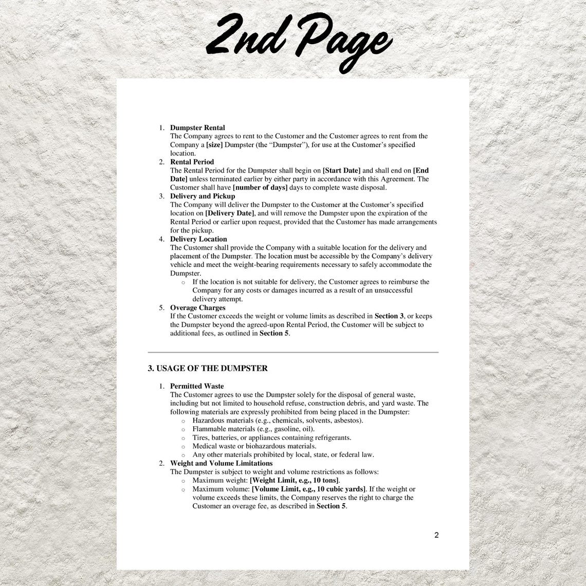Dumpster Rental Agreement Template: Editable Waste Disposal Contract ...