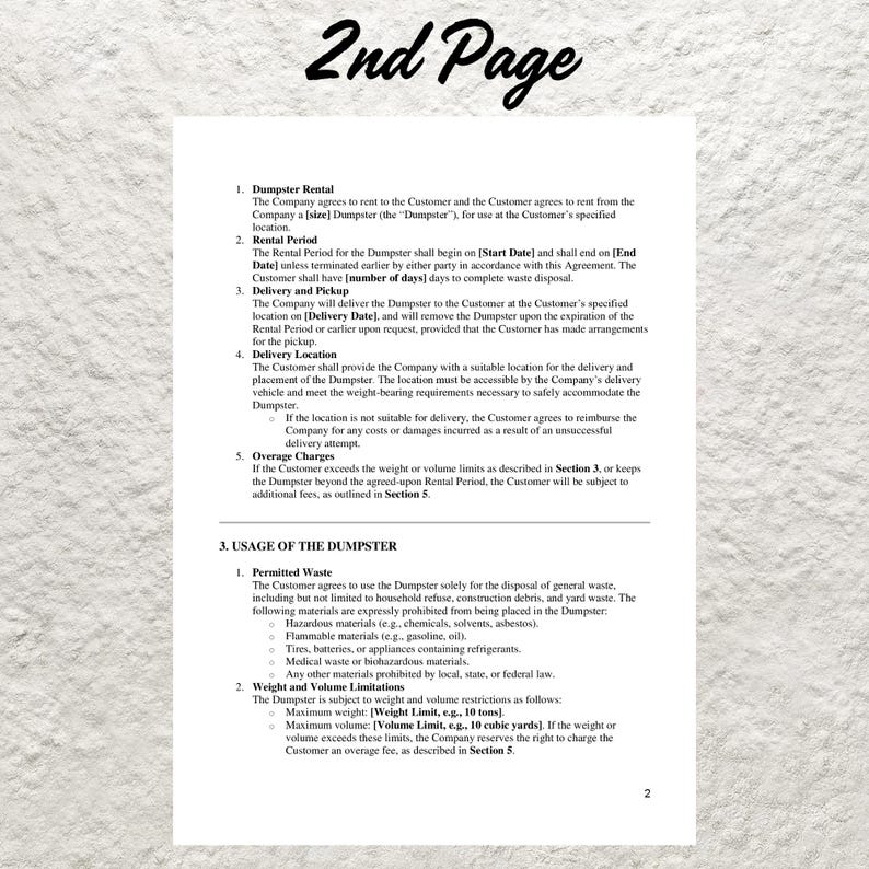 Dumpster Rental Agreement Template: Editable Waste Disposal Contract ...