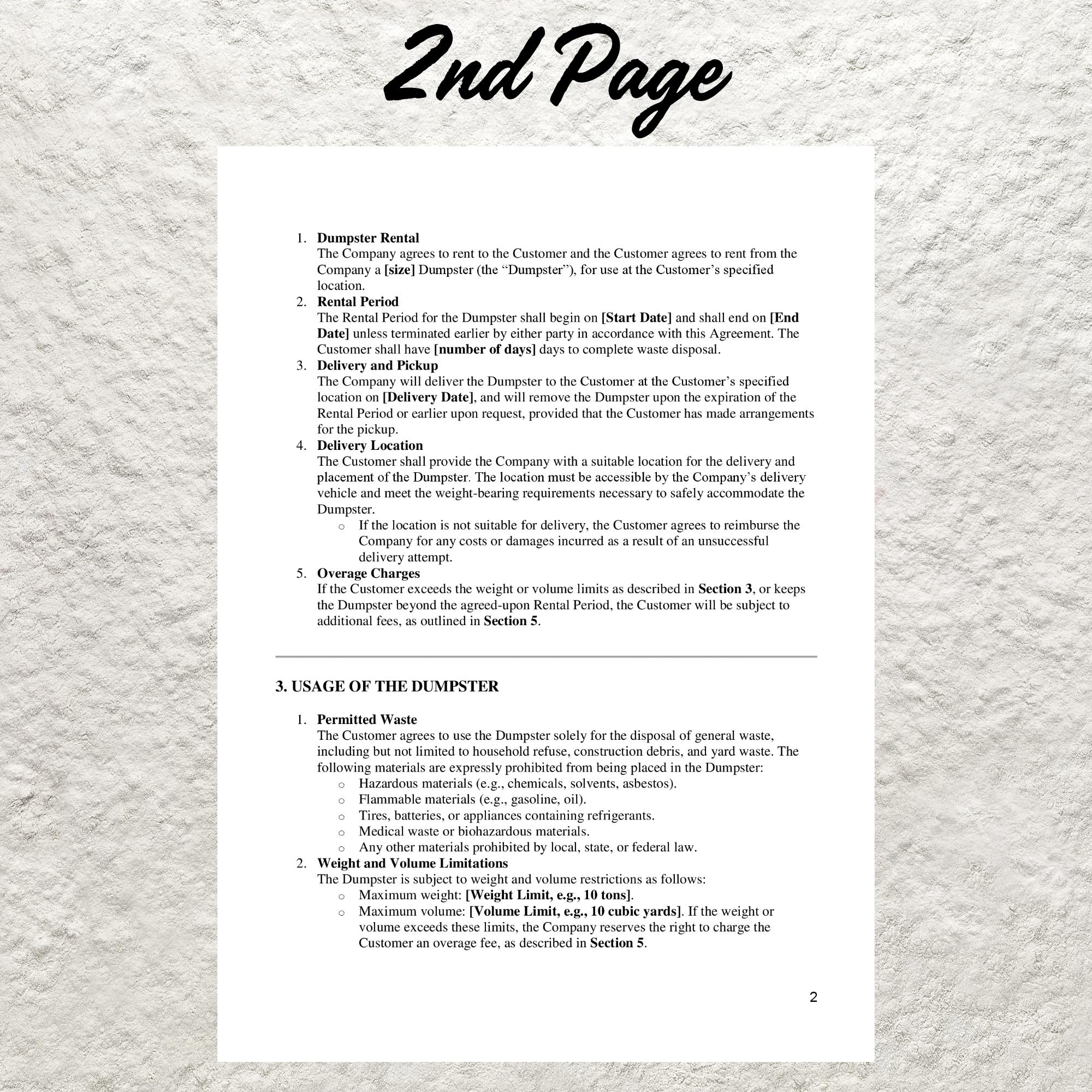 Dumpster Rental Agreement Template: Editable Waste Disposal Contract ...