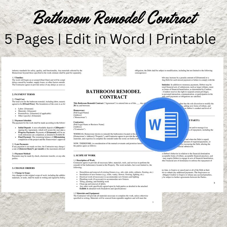 Bathroom Remodel Contract Template: Editable Contractor Agreement (word ...