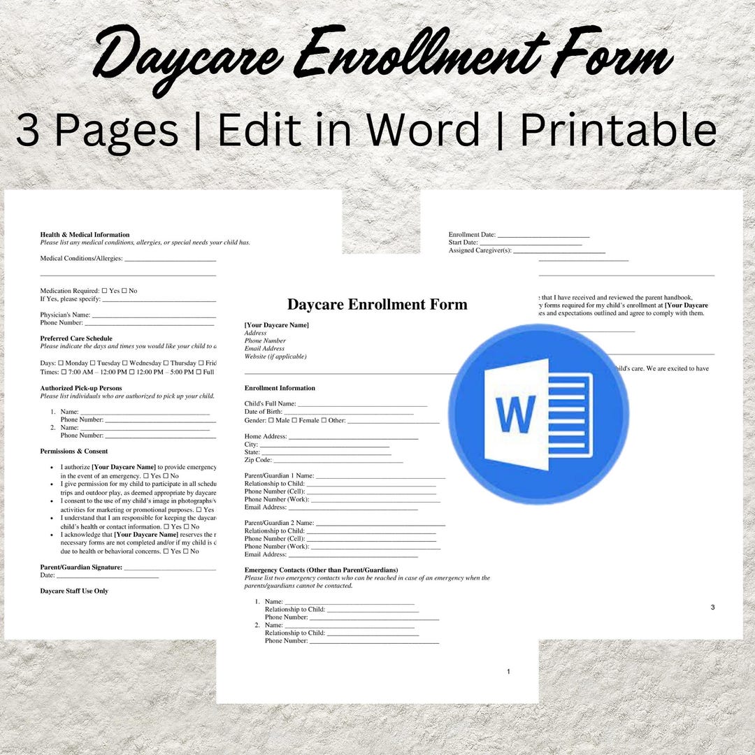 DAYCARE ENROLLMENT FORM Childcare Enrollment Application Form. Daycare ...