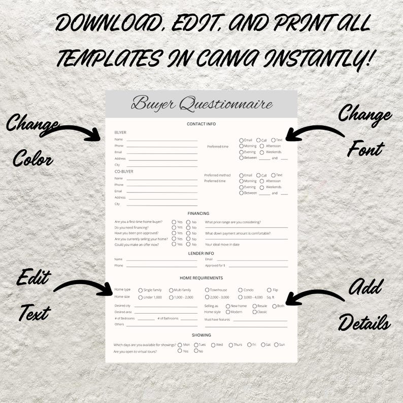 Real Estate Buyer & Seller Questionnaire Template (canva Editable ...