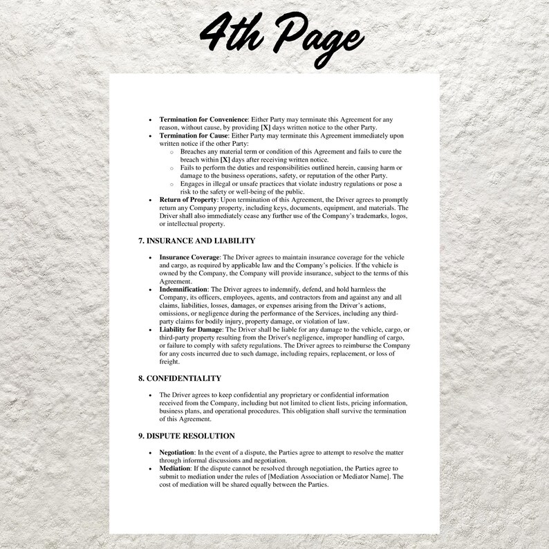 Truck Driver Contract Template: Editable Service Agreement (word ...