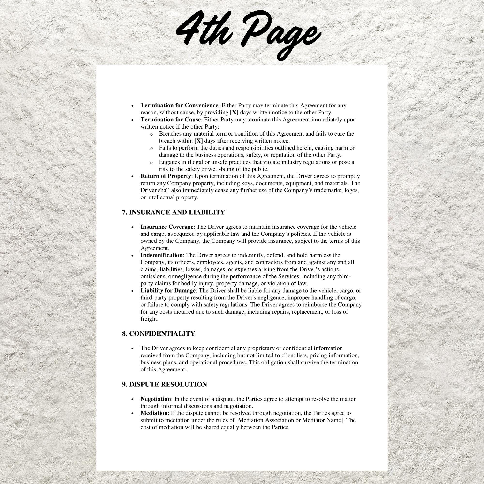 Truck Driver Contract Template: Editable Service Agreement (word ...