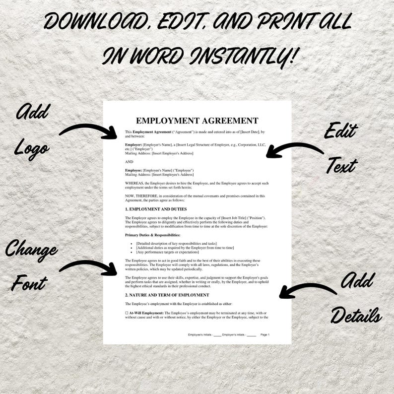 Employment Contract Template Printable Employment Agreement Printable ...