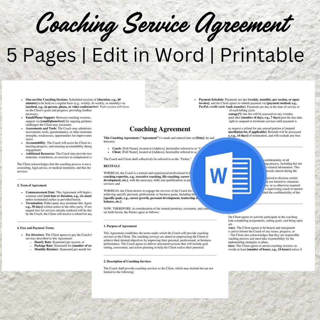 Coaching Contract Template Editable Coaching Service Contract Printable Life Coach Agreement ...
