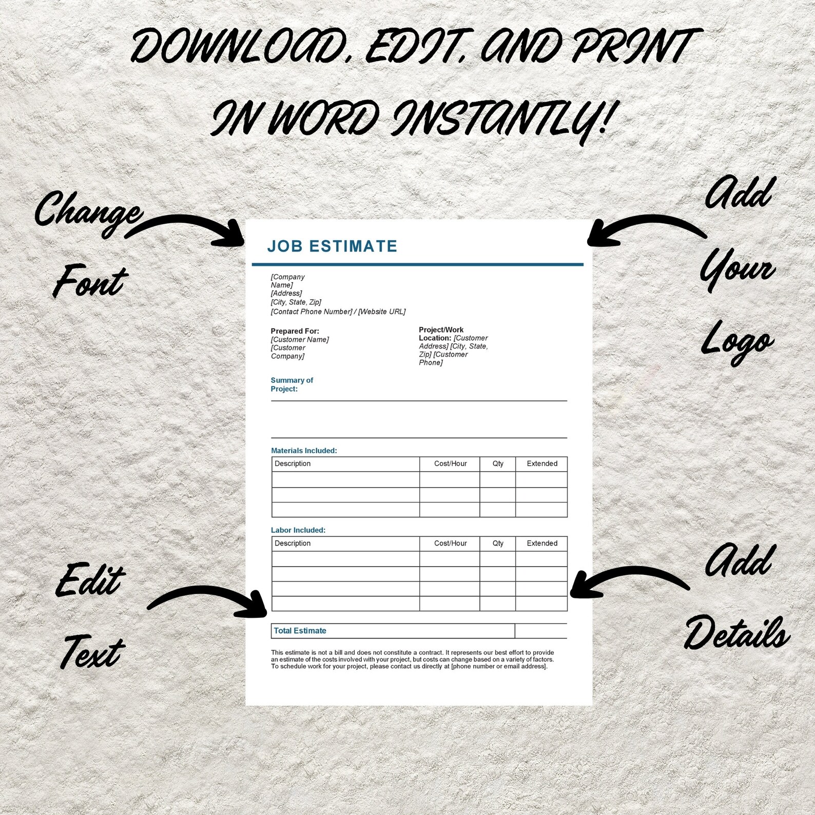 Editable General Contractor Job Estimate Template Printable ...