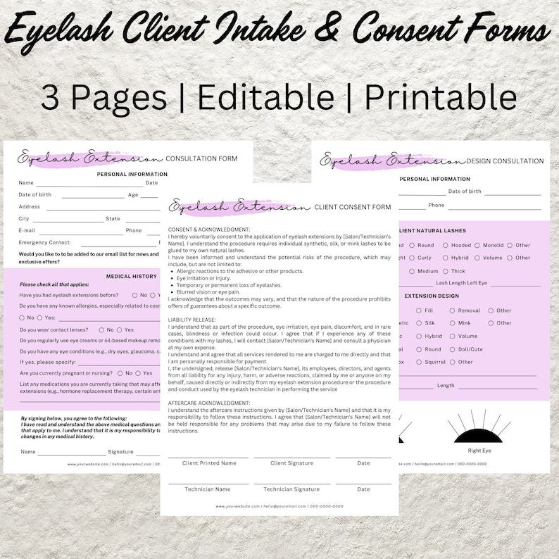 Editable Eyelash Extensions Intake and Lash Consent Forms Template Lash Tech Consultation Client ...