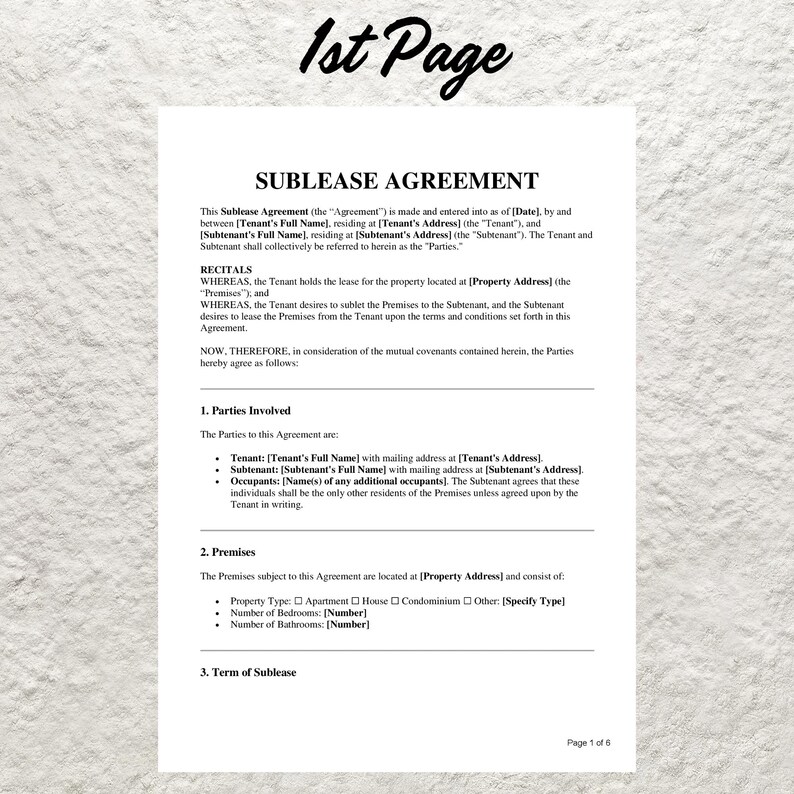 Editable Sublease Agreement Template: Residential Sublet Contract ...