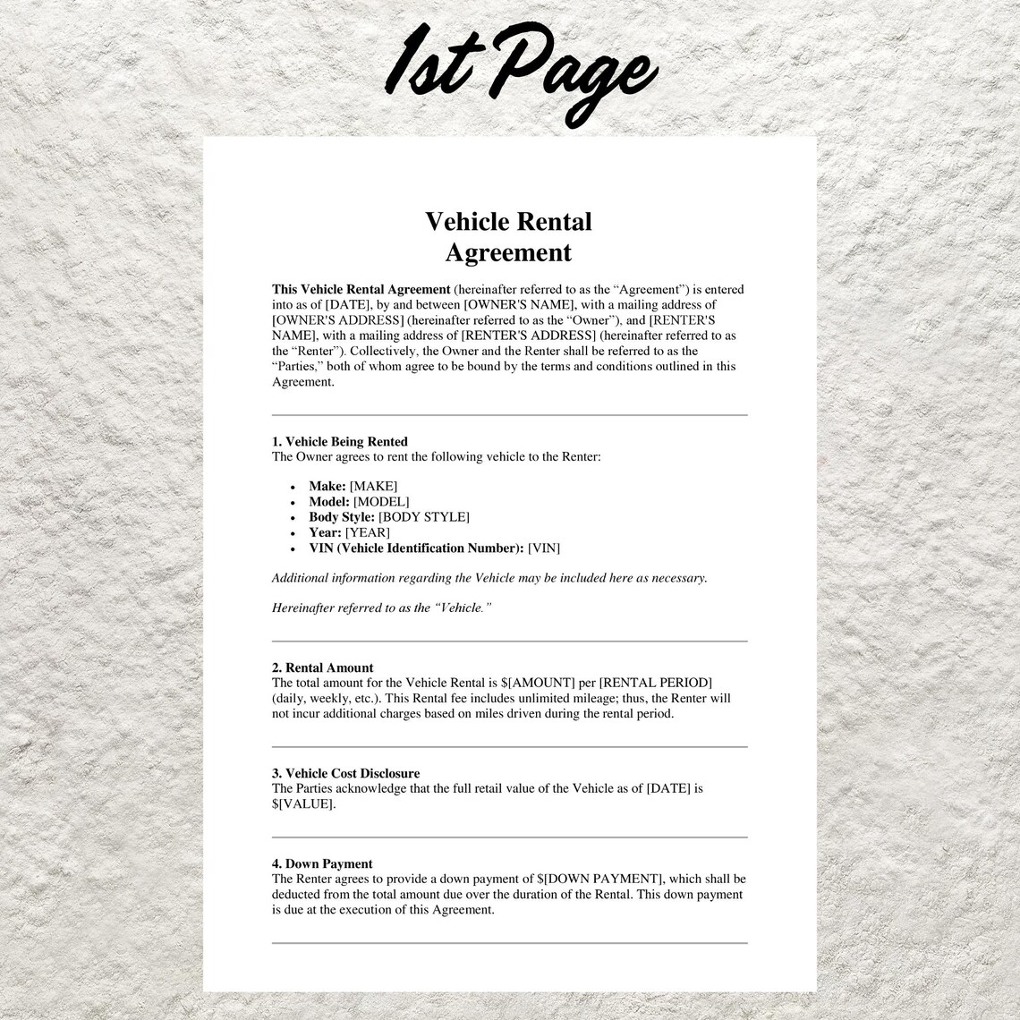 Editable Car Rental Agreement Template: Vehicle Lease Form (digital ...