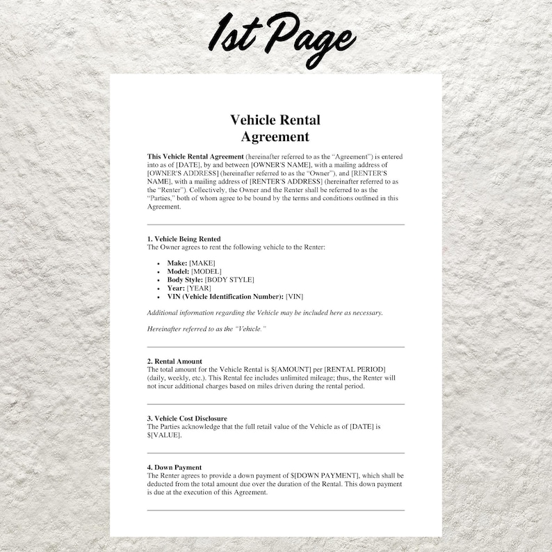 Editable Car Rental Agreement Template: Vehicle Lease Form (digital ...