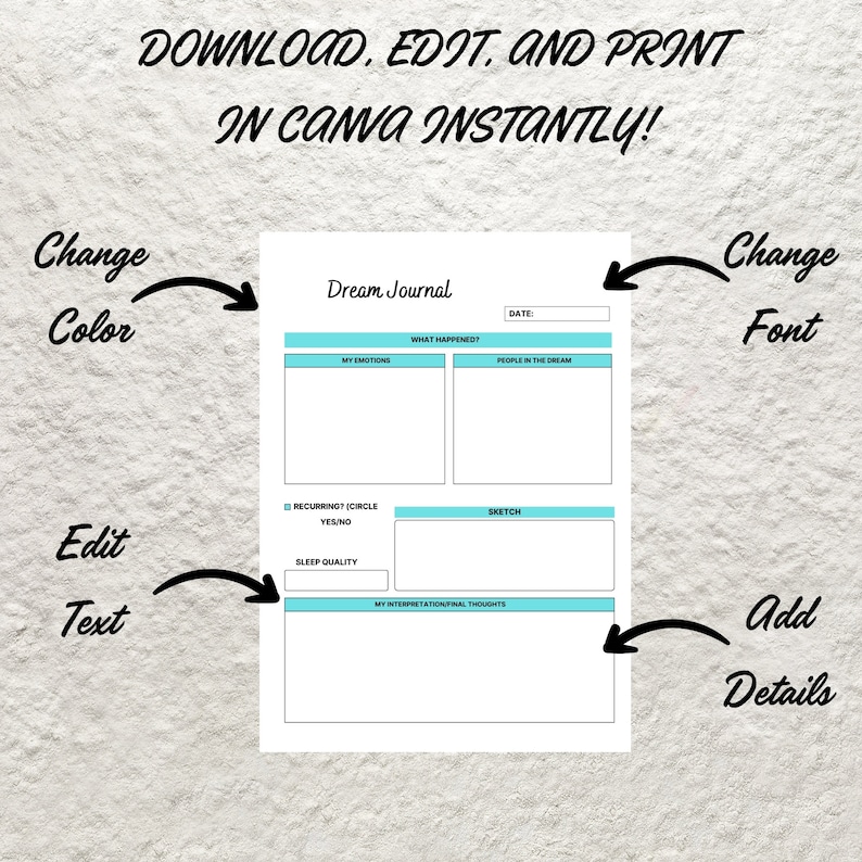 Printable Dream Journal Template: Editable Dream Analysis (digital ...