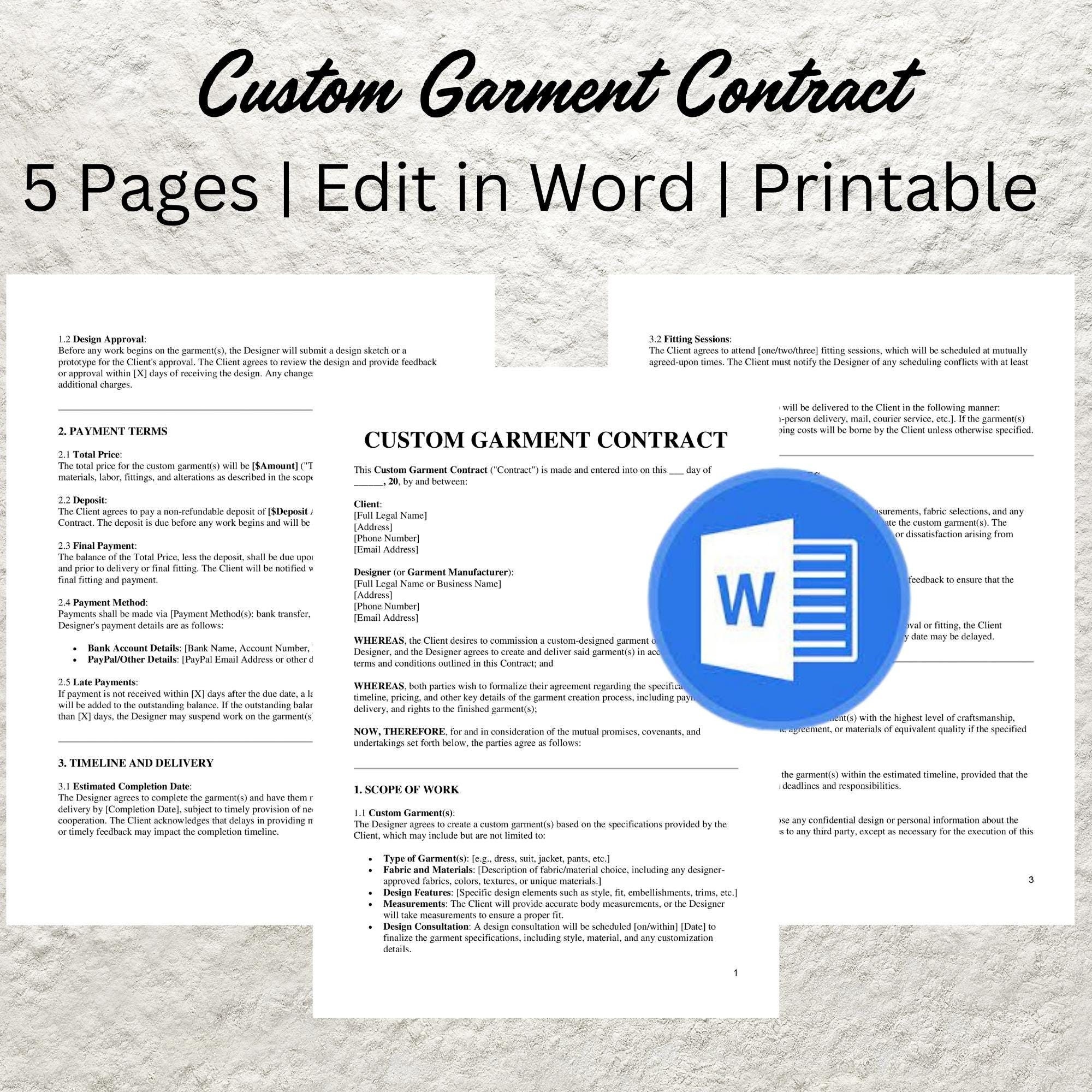 Custom Garment Contract Template: Editable Clothing Agreement (word ...
