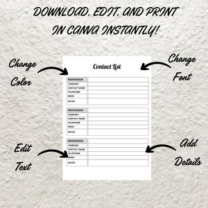 Editable Contact List Template, Printable Address Book (digital ...