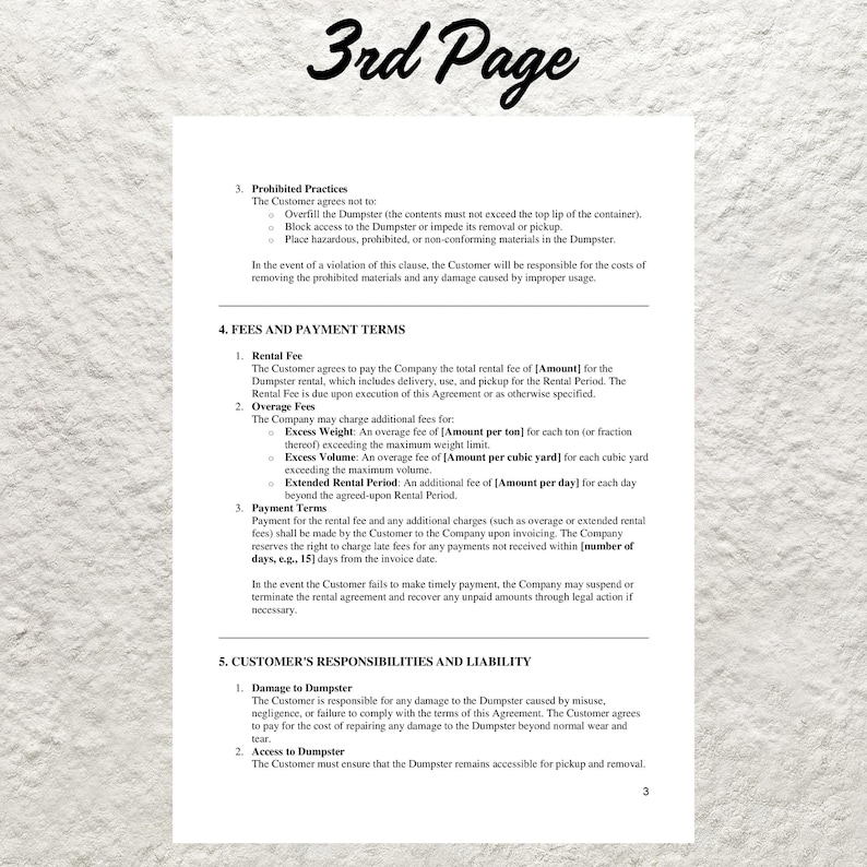 Dumpster Rental Agreement Template: Editable Waste Disposal Contract ...