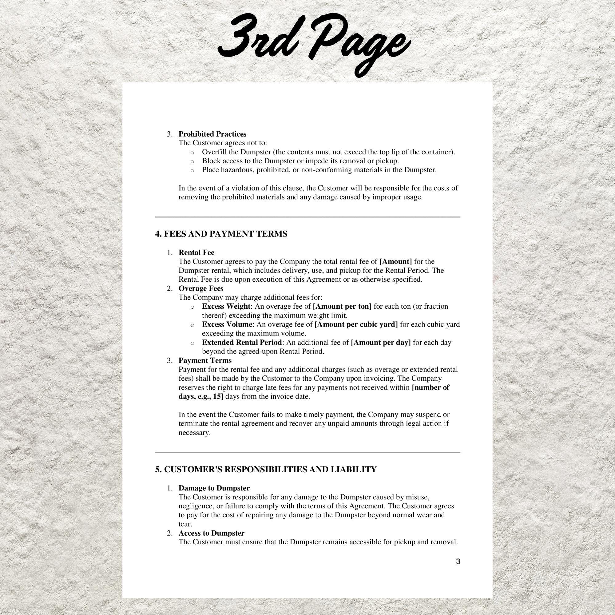 Dumpster Rental Agreement Template: Editable Waste Disposal Contract ...