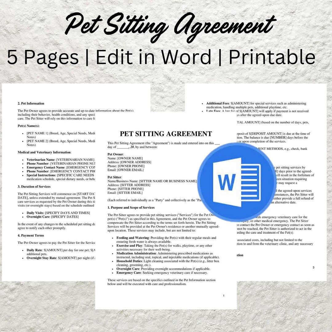 Pet Sitting Contract Template - Editable Service Agreement & Printable ...