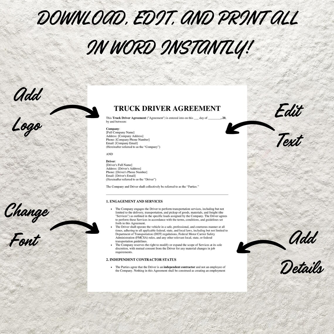 Truck Driver Contract Template: Editable Service Agreement (word ...