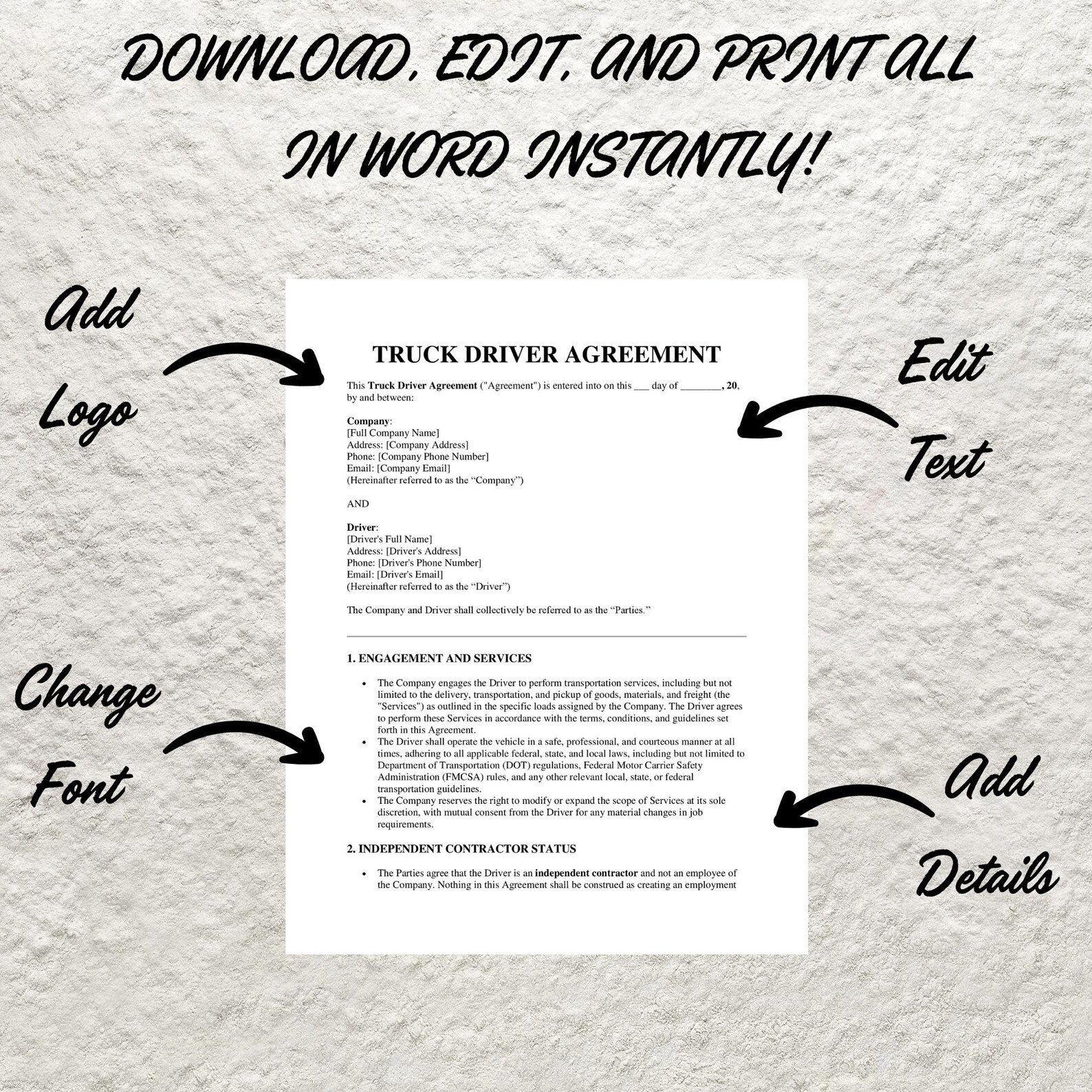 Truck Driver Contract Template: Editable Service Agreement (word ...