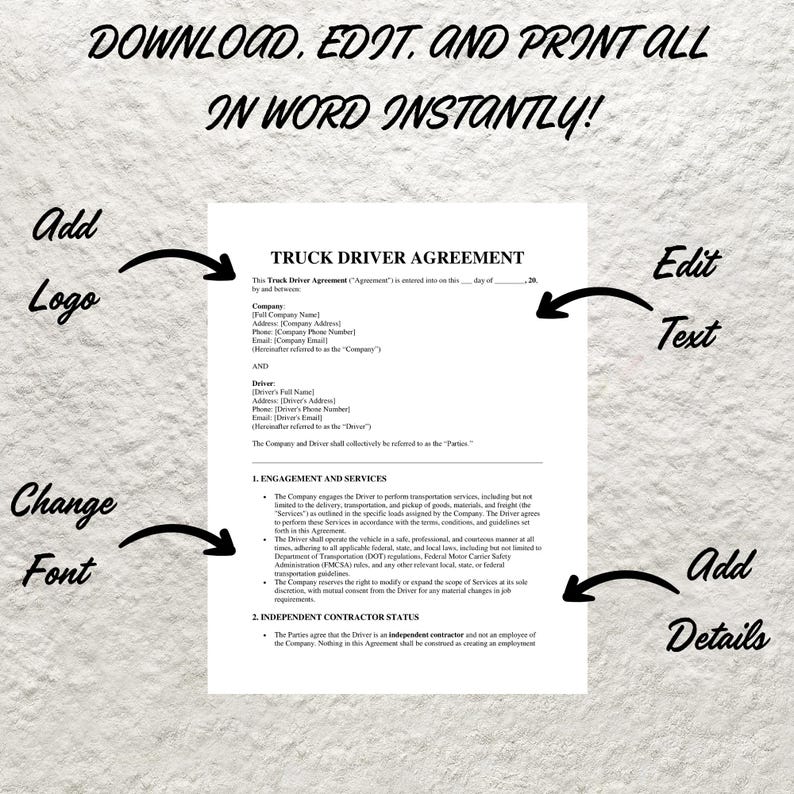 Truck Driver Contract Template: Editable Service Agreement (word ...