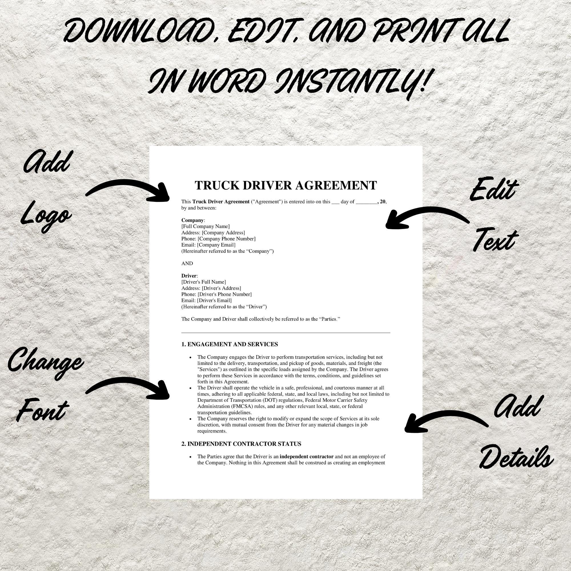 Truck Driver Contract Template: Editable Service Agreement (word ...
