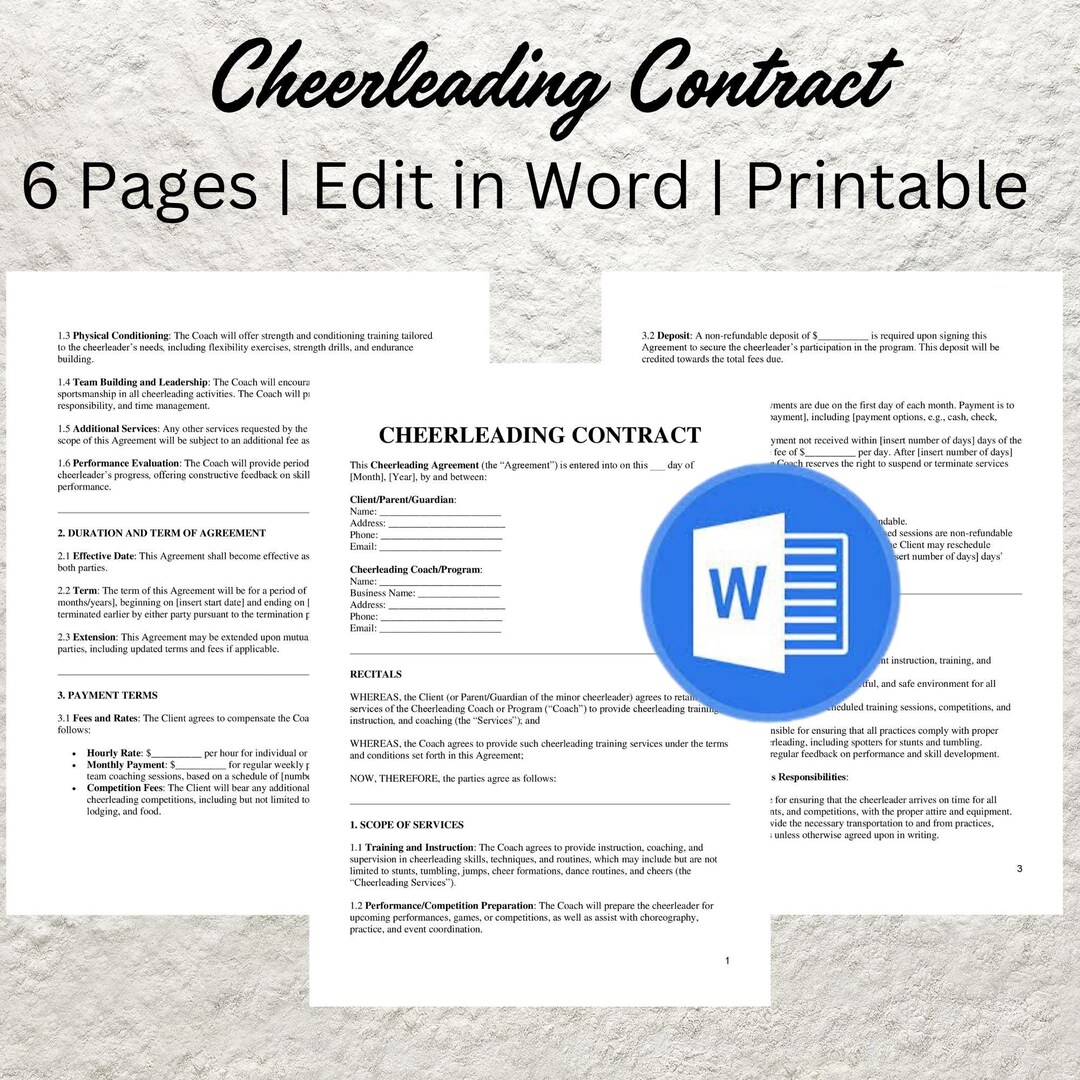 Cheerleading Contract Template: Editable Agreement for Cheer Teams (PDF ...
