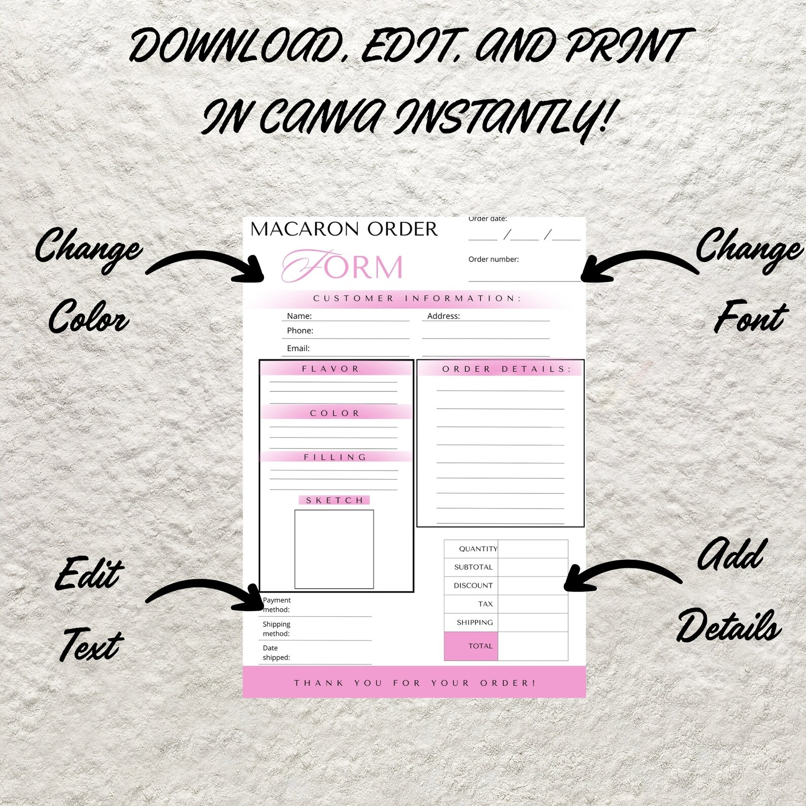 Macaron Order Form Sheet Canva Template Editable Bakery Macarons Form ...