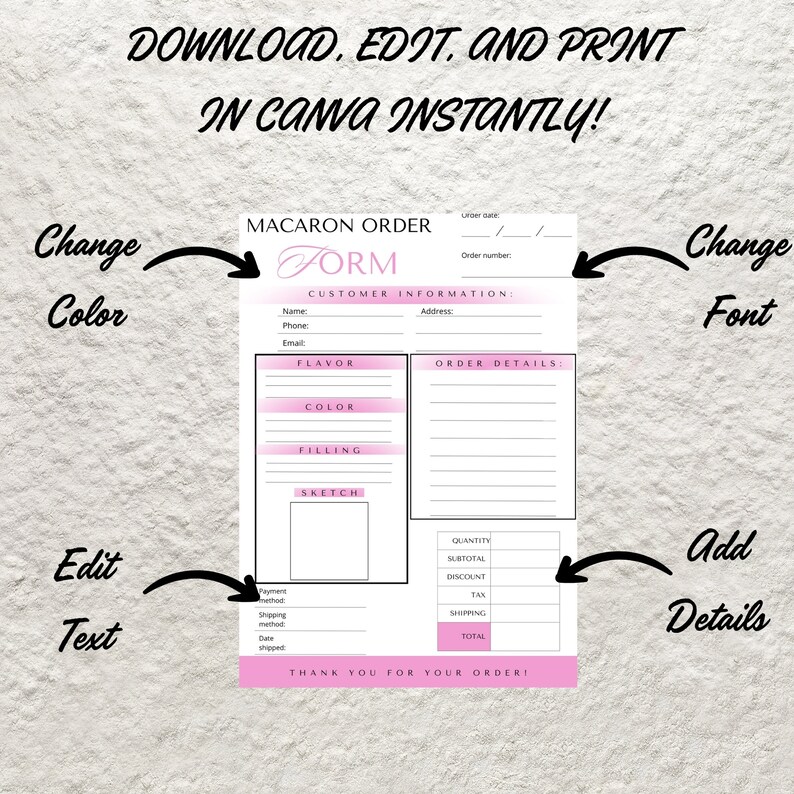 Macaron Order Form Sheet Canva Template Editable Bakery Macarons Form ...
