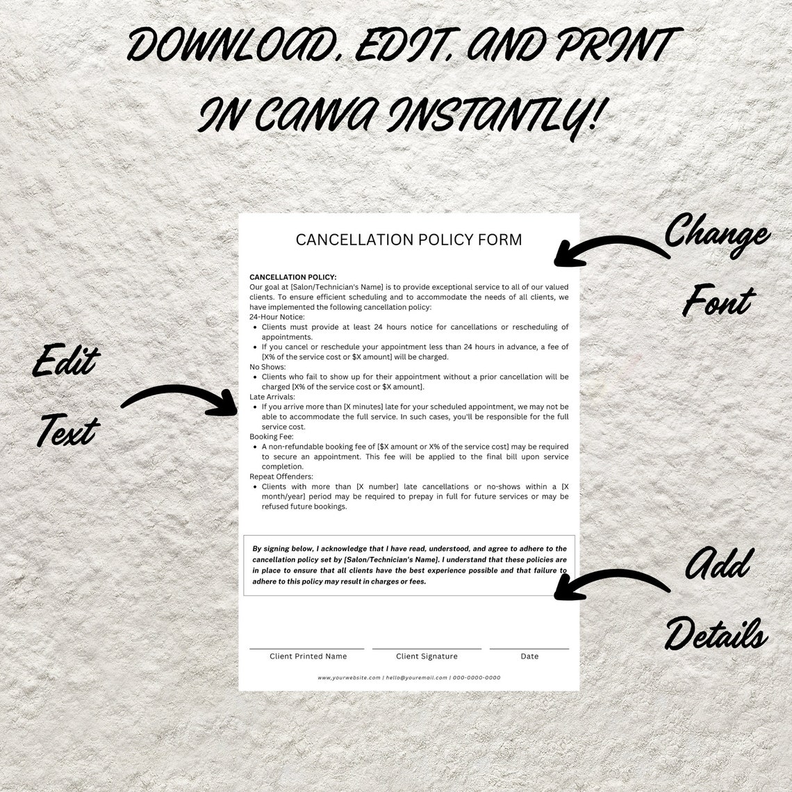 Editable Cancellation Policy Form Template Printable Salon Spa Lash ...
