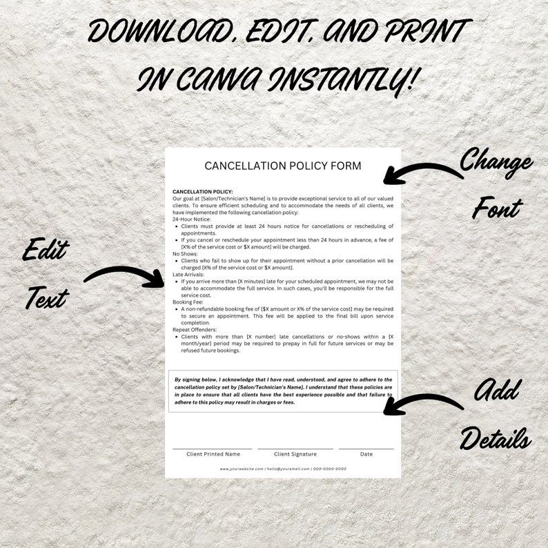 Editable Cancellation Policy Form Template Printable Salon Spa Lash ...