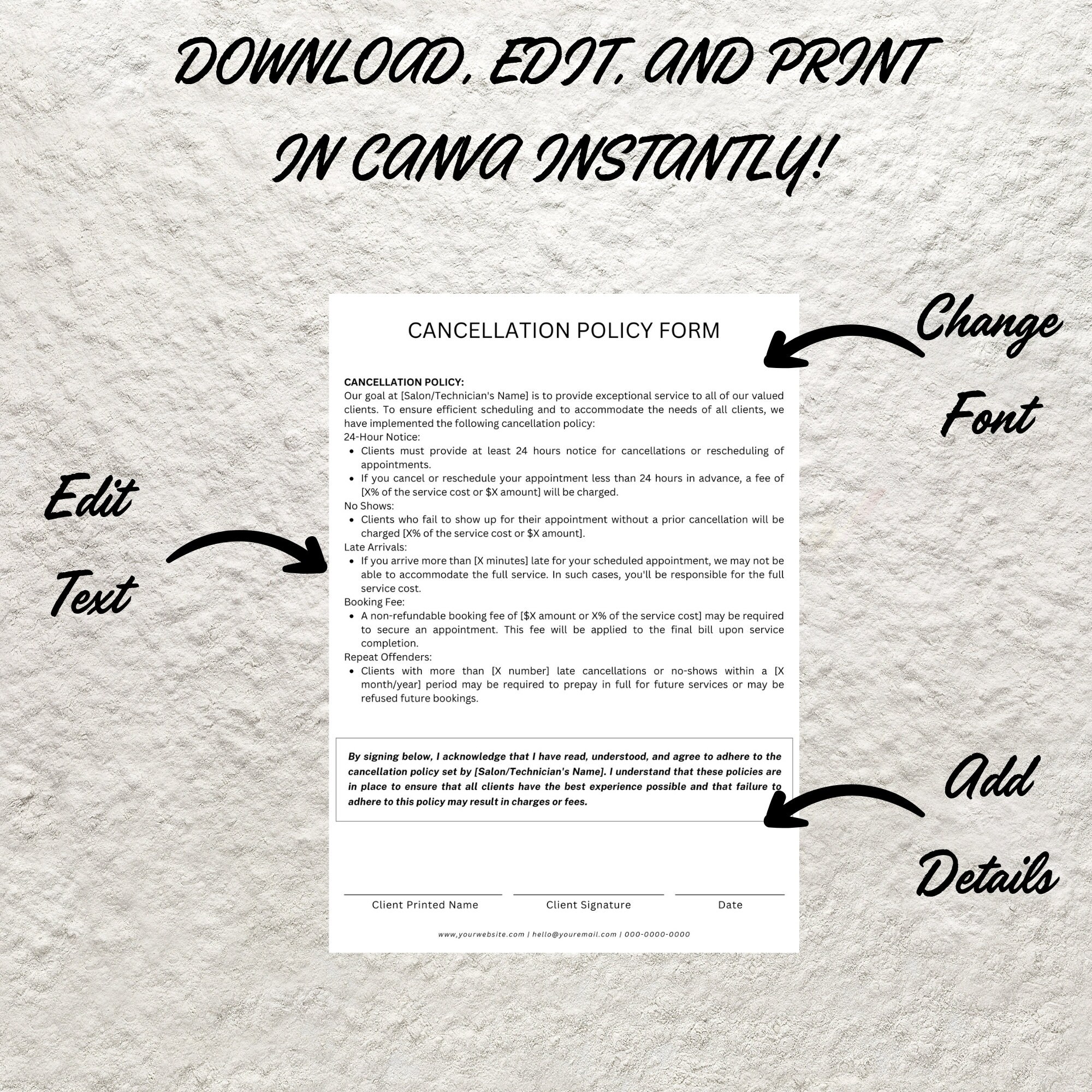 Editable Cancellation Policy Form Template Printable Salon Spa Lash ...
