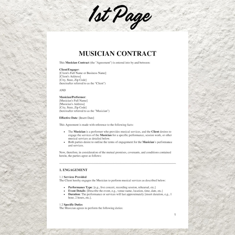 Musician Contract Template Editable Music Artist Service Agreement ...
