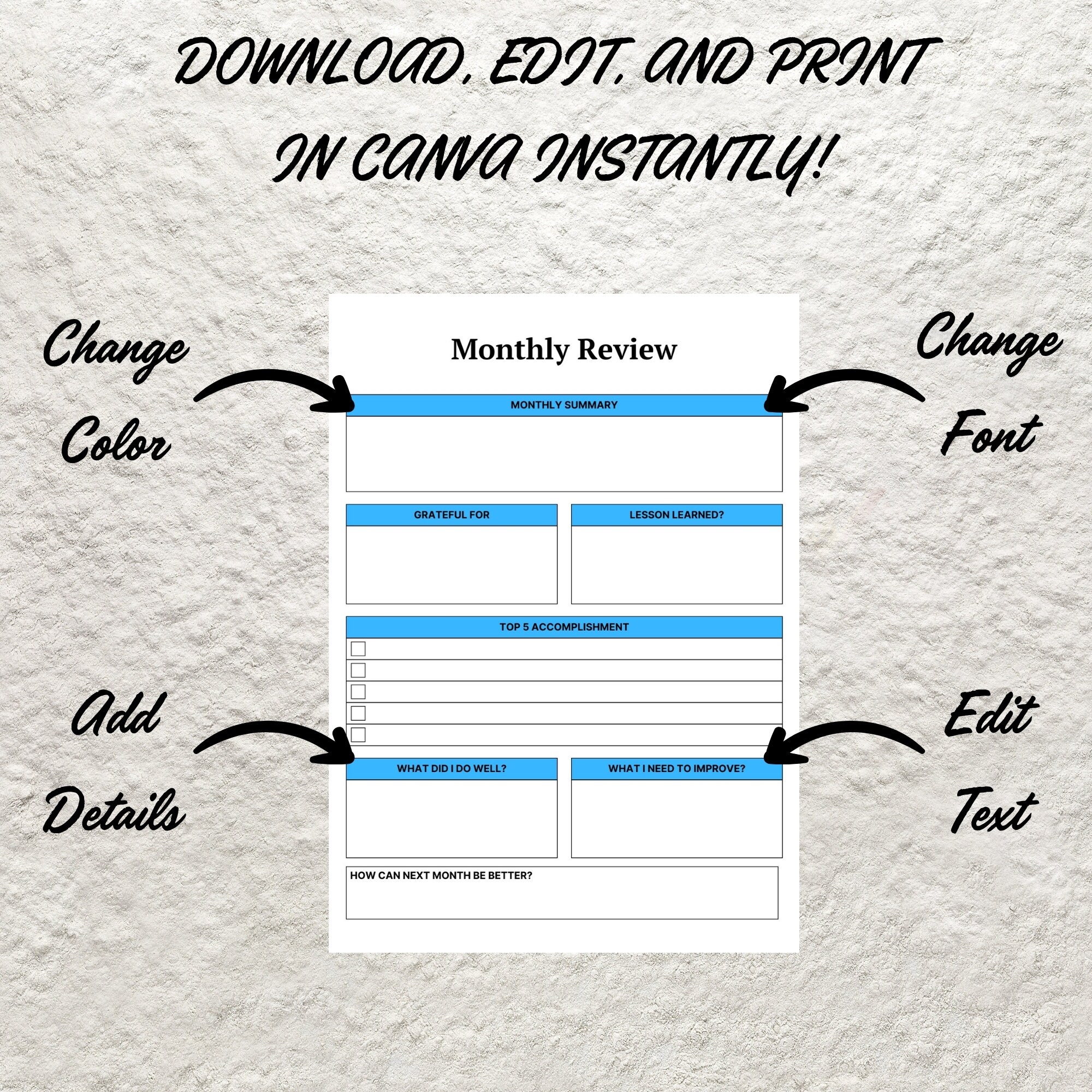 Editable Monthly Review Template, Gratitude Planner (digital Download ...