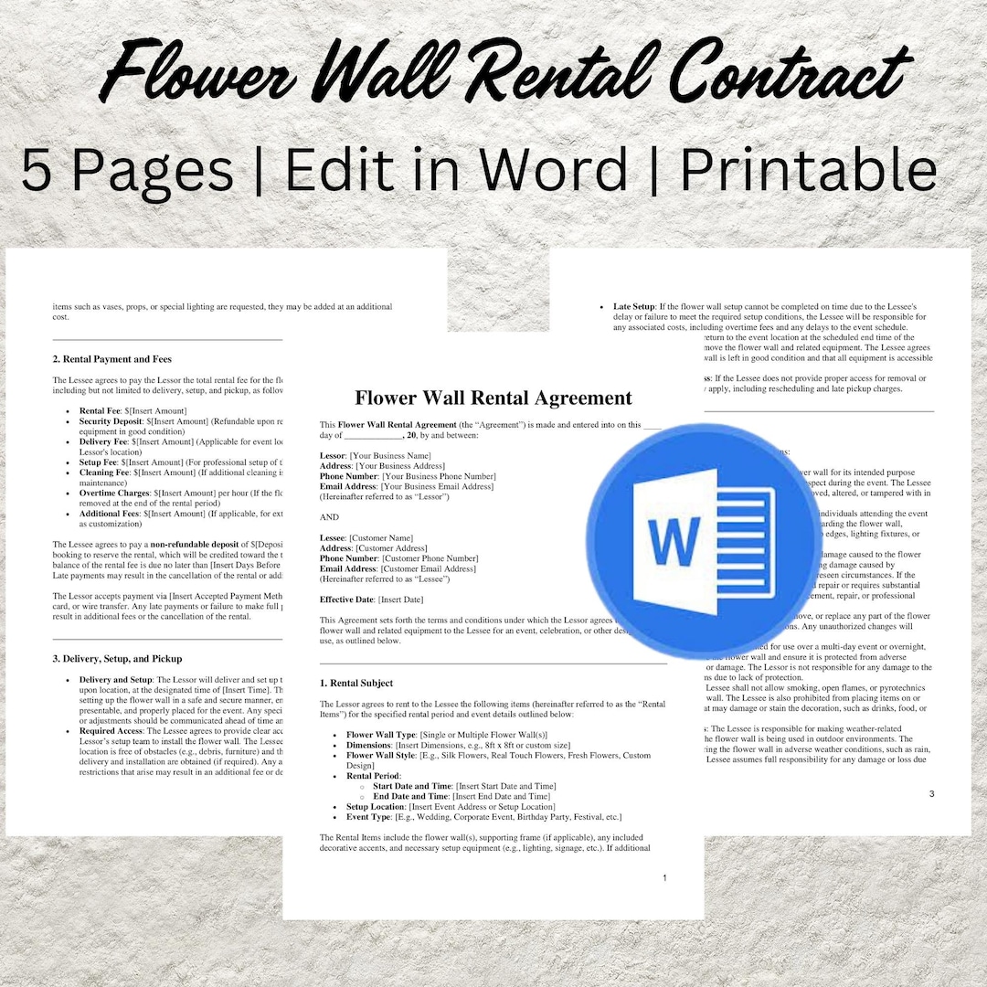 Flower Wall Rental Contract Template Editable Flower Wall Service ...