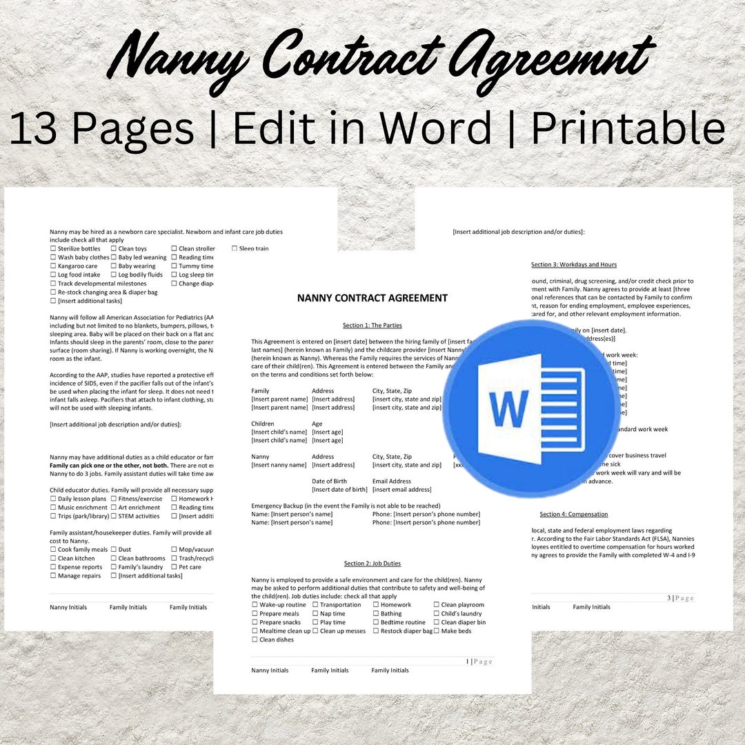 Editable Nanny Contract Template Printable Nanny Service Worksheet ...