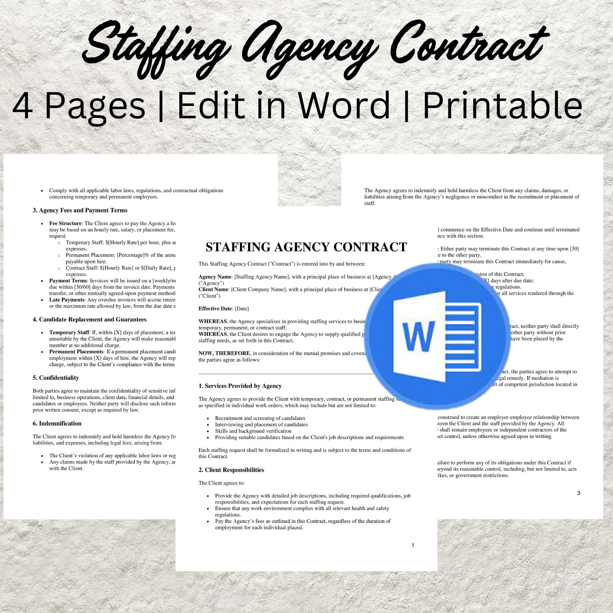Staffing Agency Contract Template: Editable Business Agreements (word ...