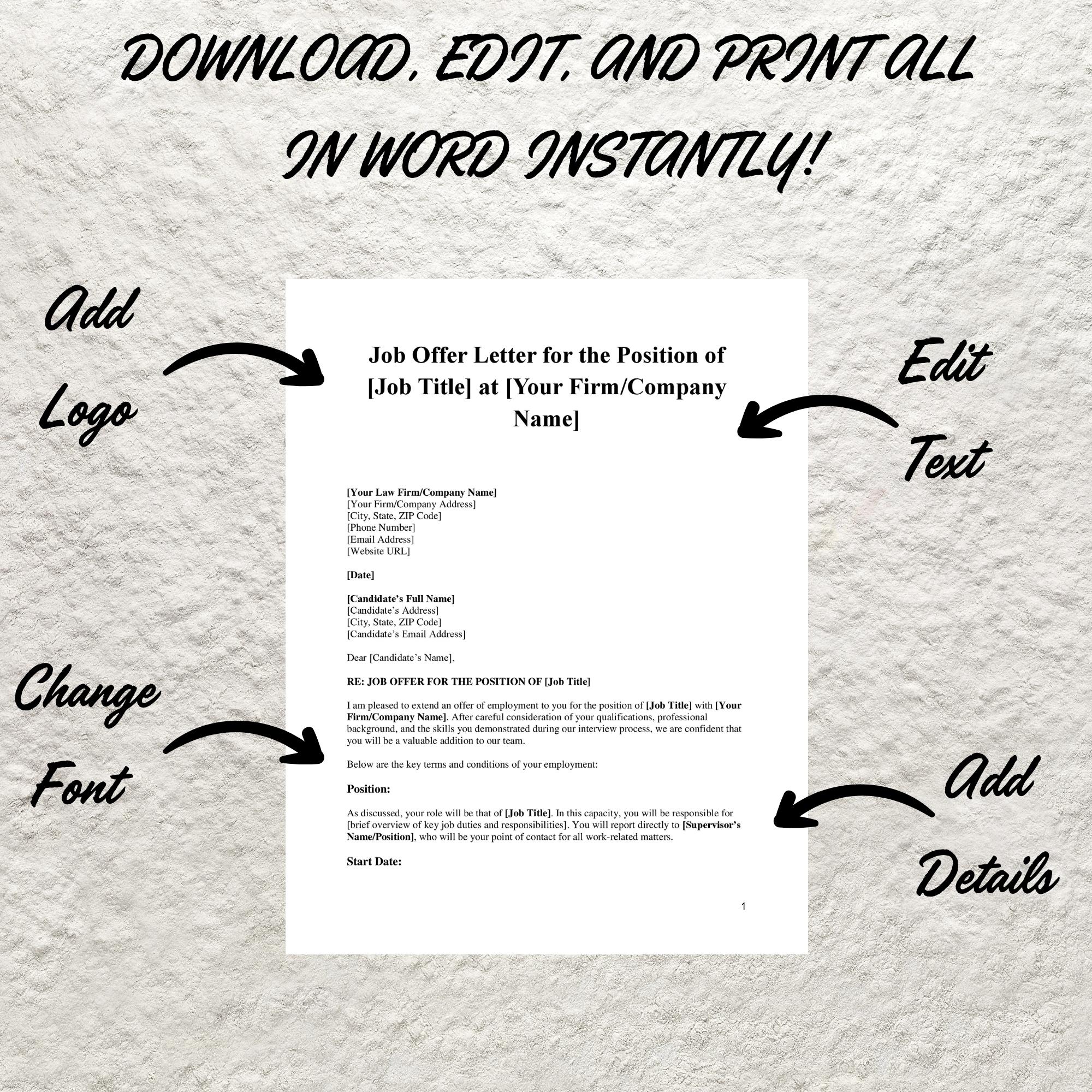Editable Job Offer Letter Template: Printable Employment Form (word) - Etsy